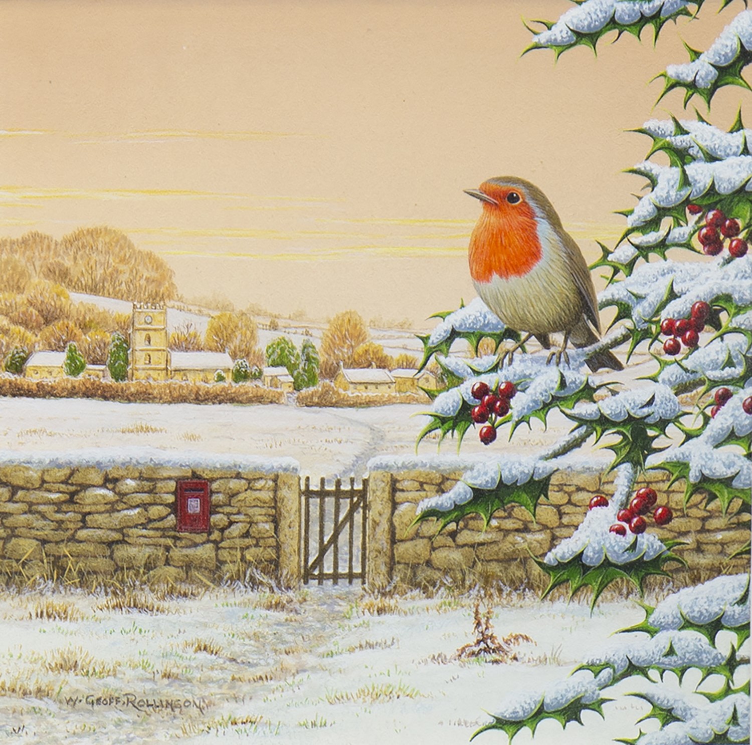 Lot 663 - WINTER SCENE WITH ROBIN, A WATERCOLOUR BY