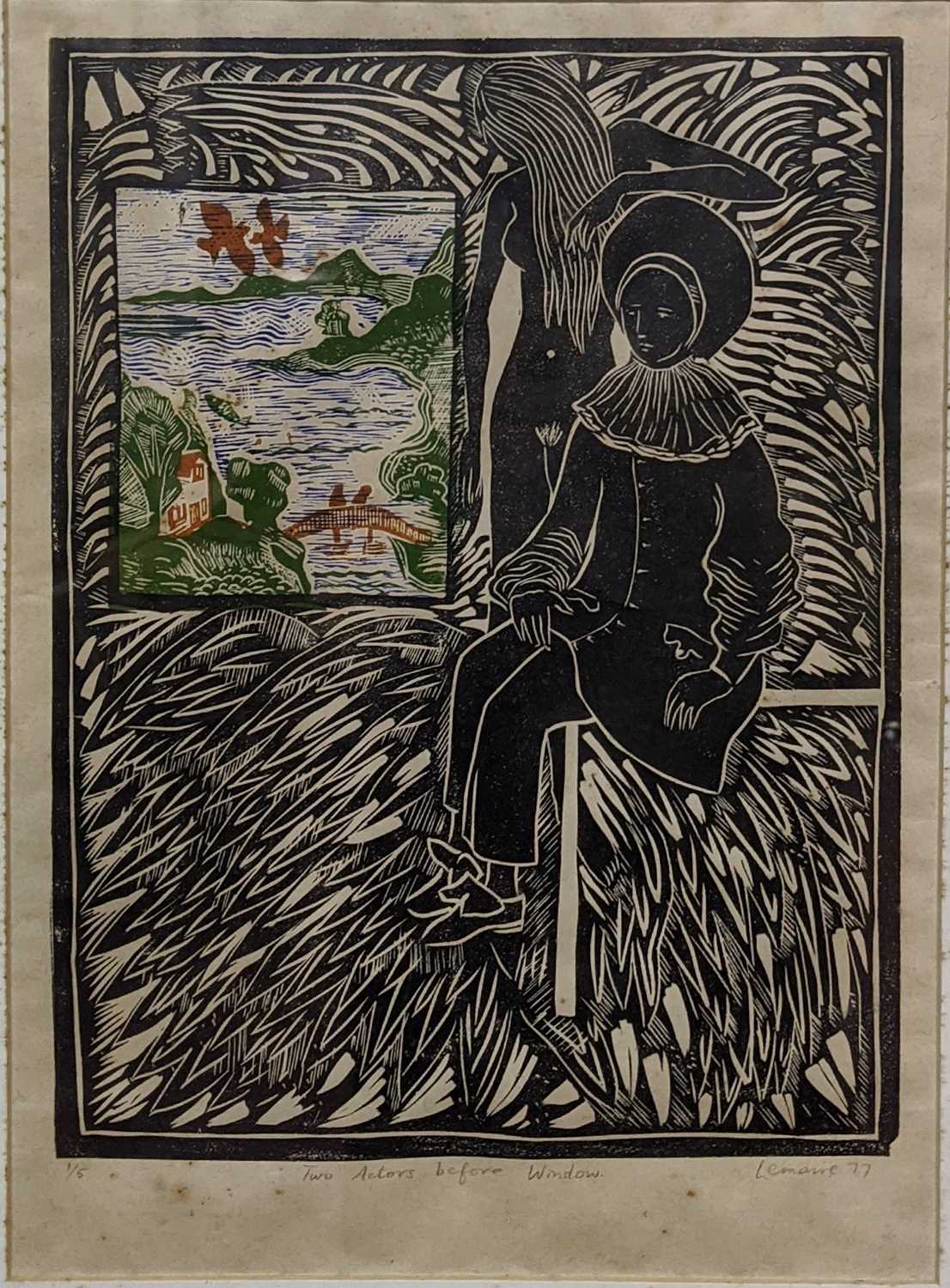 Lot 190 - TWO ACTORS BEFORE WINDOW, A LINOCUT BY