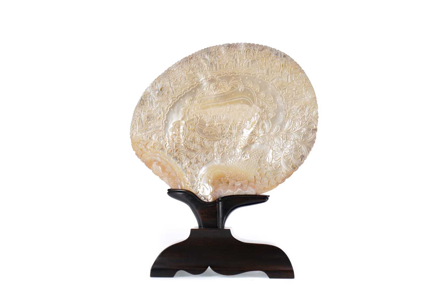 Lot 890 - CHINESE ABALONE SHELL ON WOOD STAND, 19th