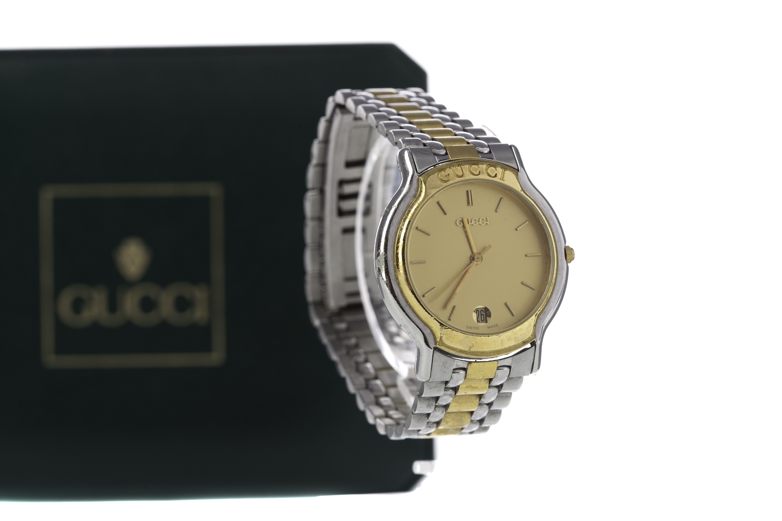 Lot 706 - A GUCCI BICOLOUR STAINLESS STEEL QUARTZ