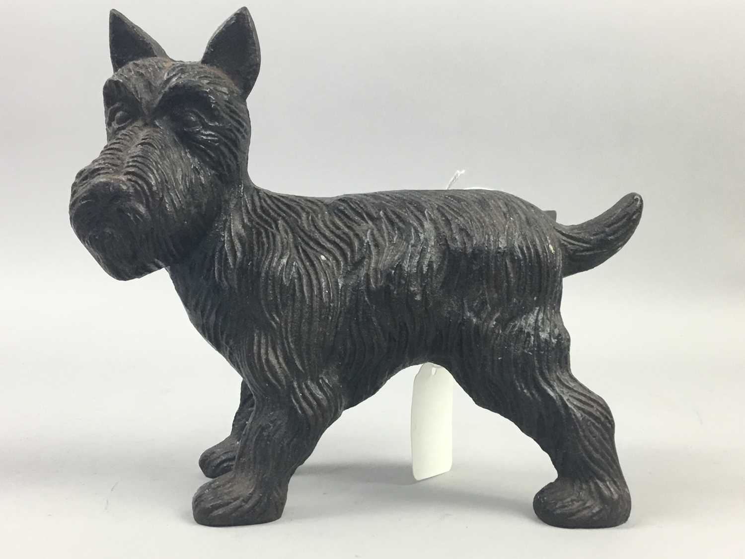 Lot 431 - A CAST METAL MODEL OF A DOG AND TWO BRONZE