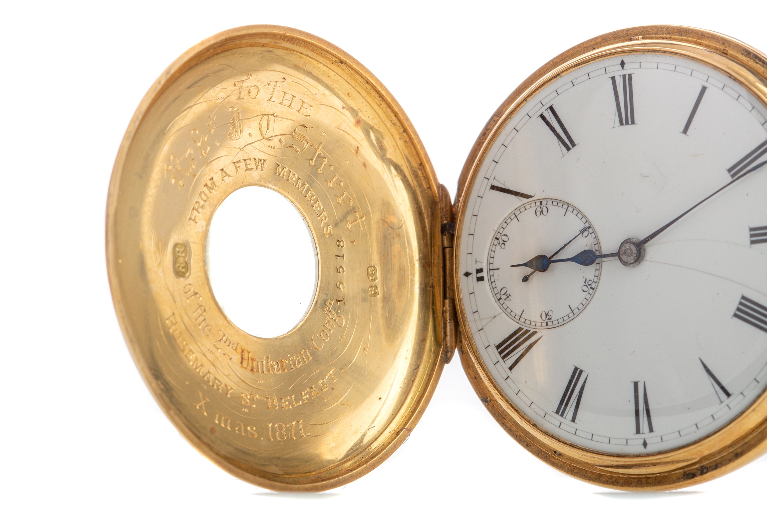 Lot 832 - AN EIGHTEEN CARAT GOLD HALF HUNTER POCKET