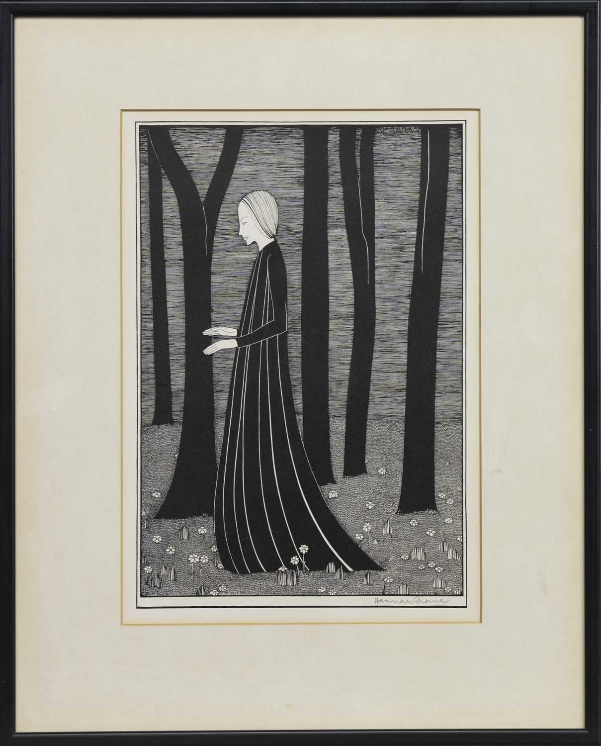 Lot 104 - WOMAN IN TREES, A SIGNED LITHOGRAPH BY