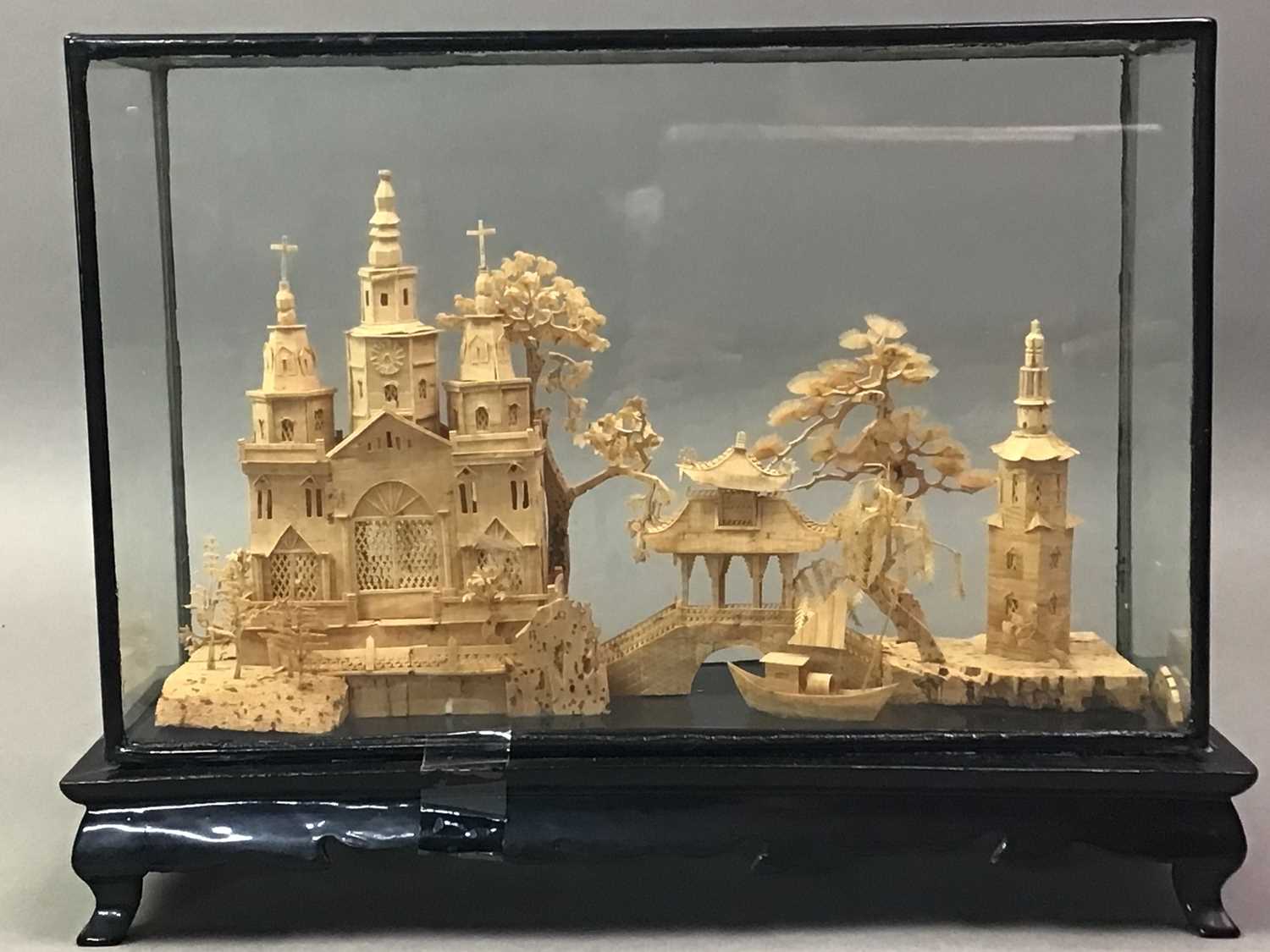 Lot 199 - CHINESE CARVED CORK MODEL OF BUILDINGS