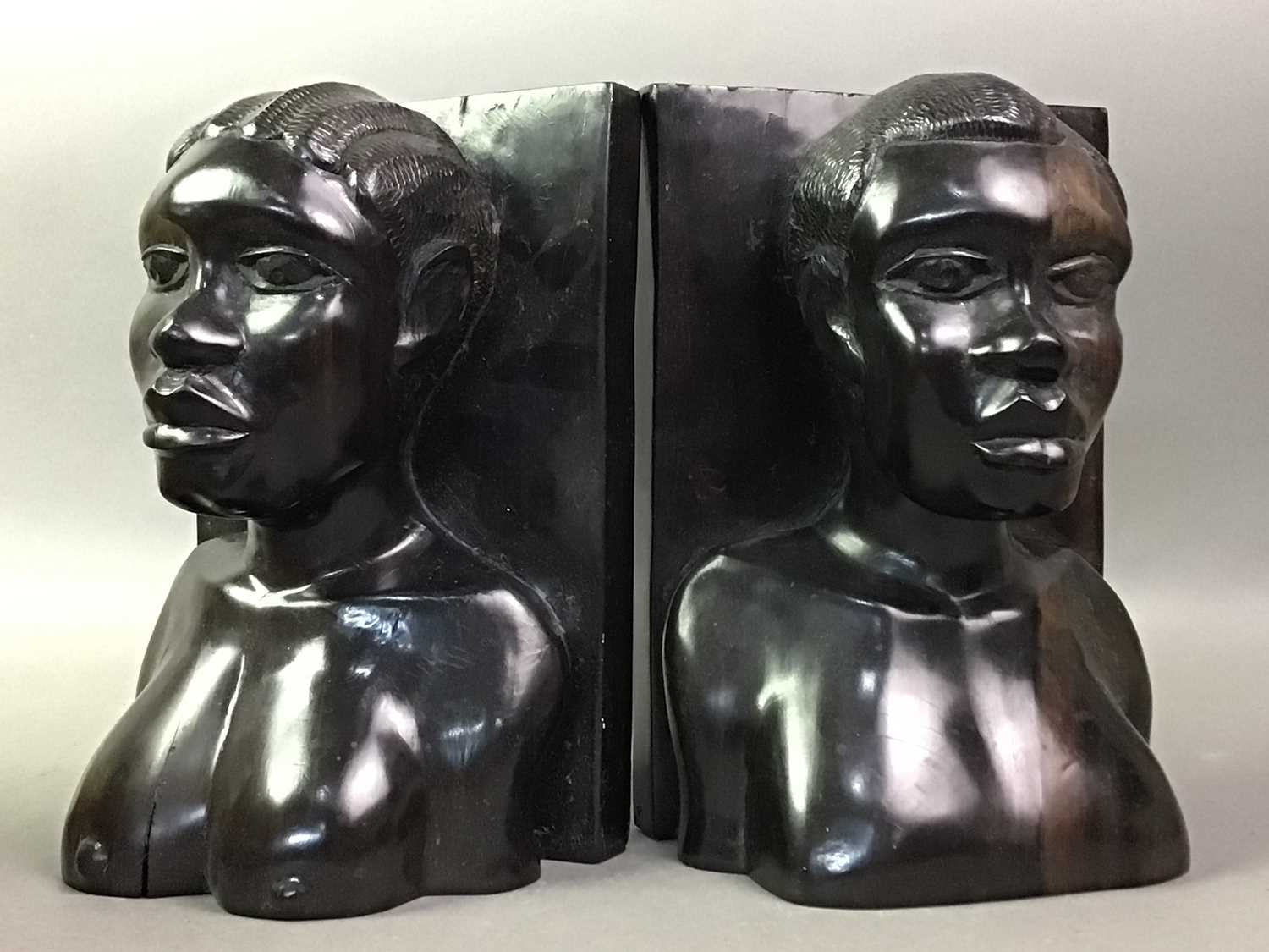 Lot 634 - PAIR OF AFRICAN EBONY BOOKENDS AND OTHERS