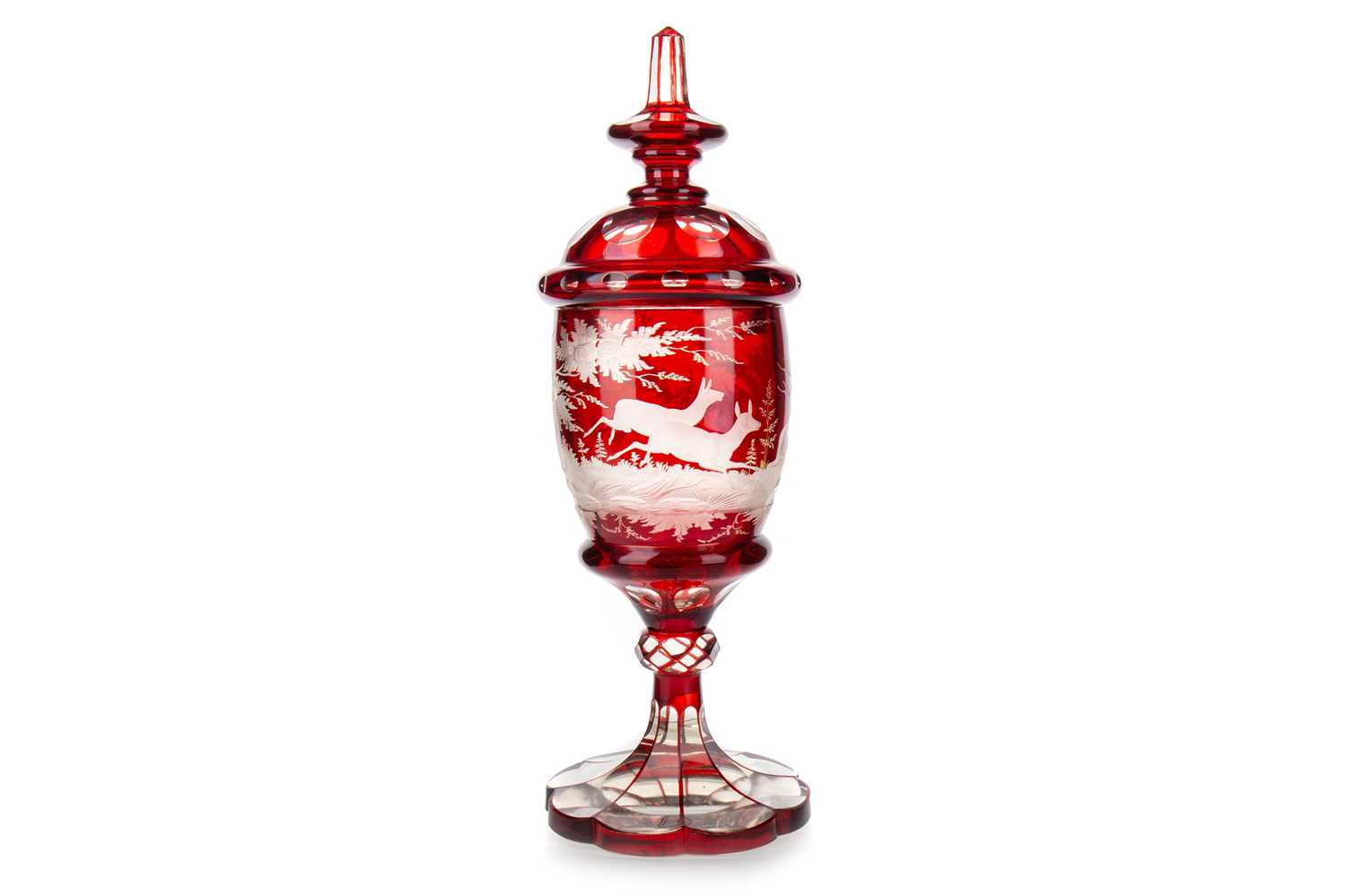 Lot 743 - BOHEMIAN RUBY FLASHED GLASS GOBLET AND COVER,