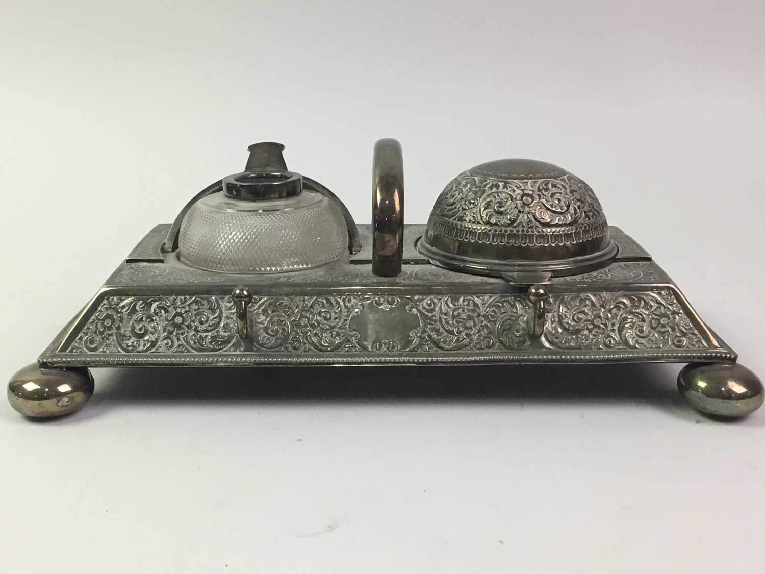 Lot 430 - VICTORIAN SILVER PLATED INKSTAND,