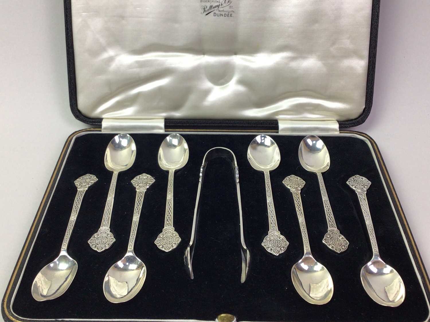 Lot 347 - SET OF EIGHT SILVER COFFEE SPOONS AND TONGS,