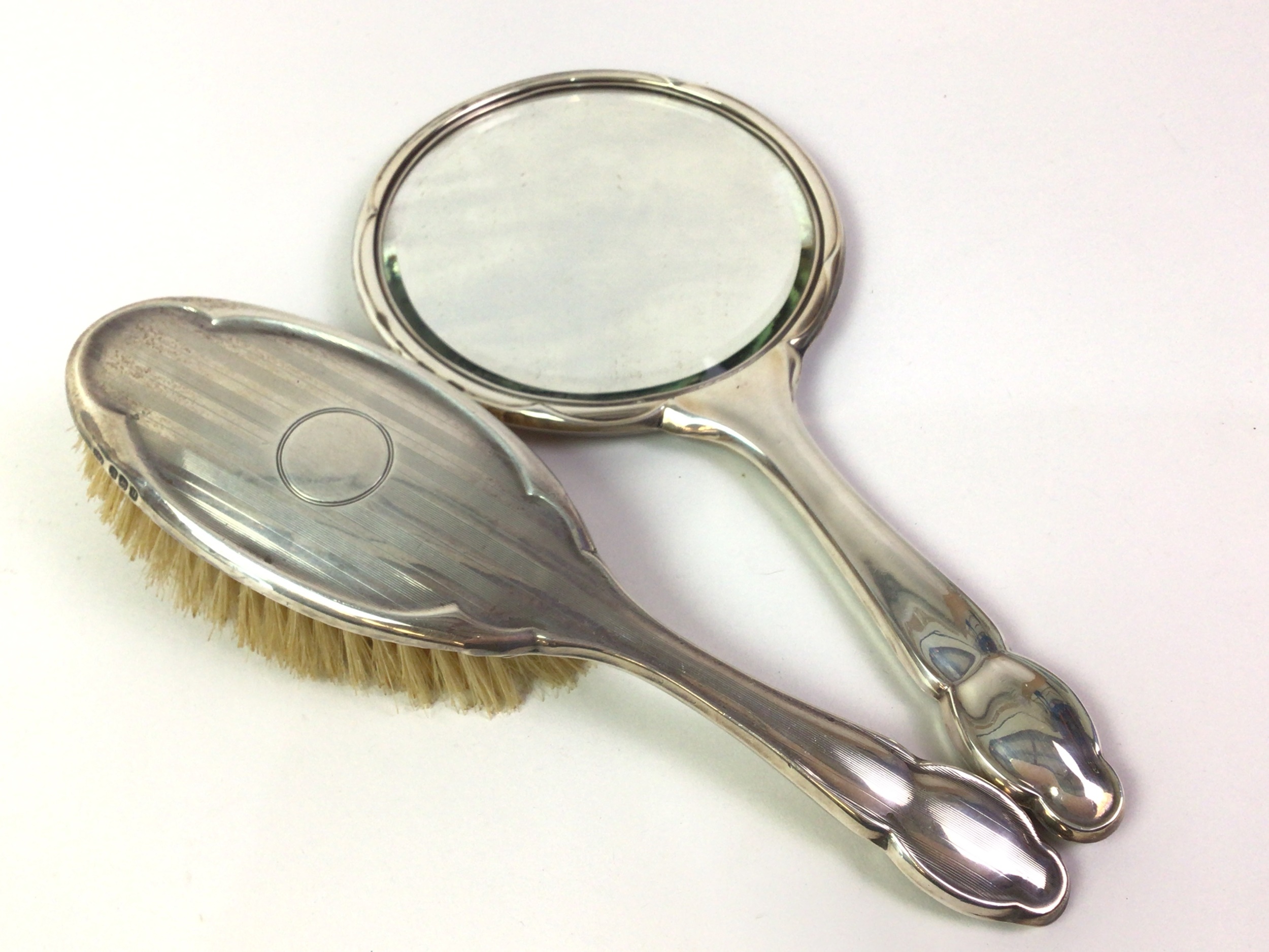 Lot 7 - SILVER BACKED HAIR BRUSH AND HAND MIRROR,