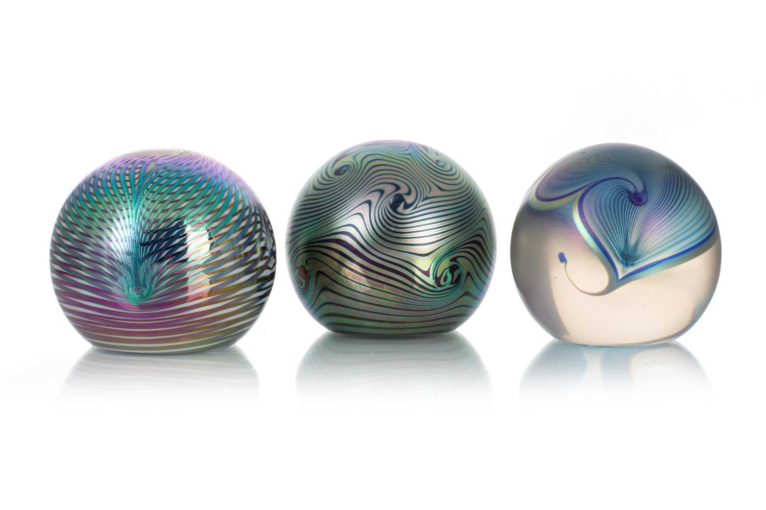 Lot 72 - ABELMAN, THREE IRIDESCENT GLASS PAPERWEIGHTS,