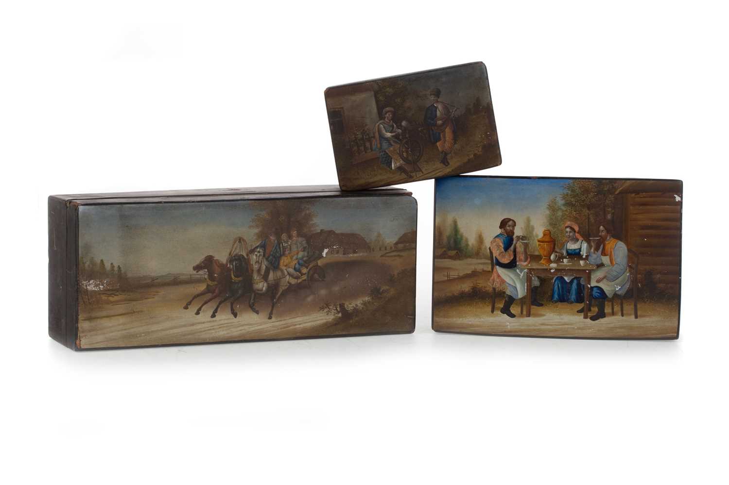 Lot 1257 - THREE RUSSIAN HAND PAINTED LACQUER BOXES,