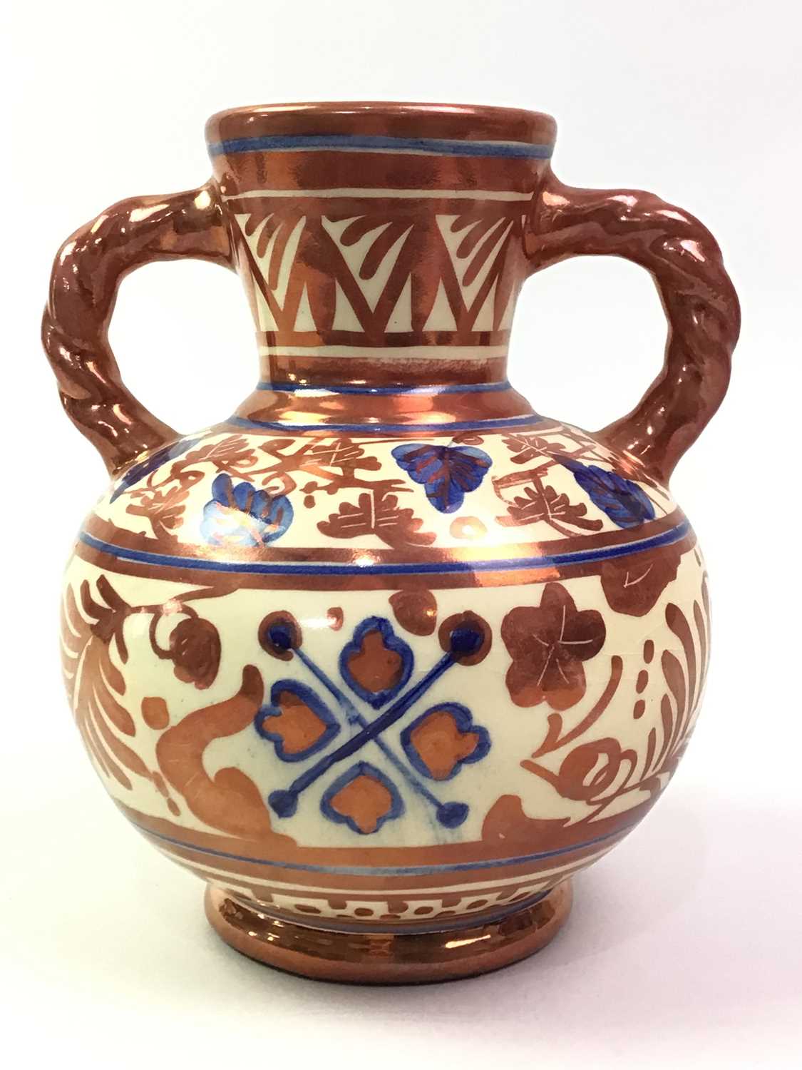 Lot 43 - SPANISH TWIN HANDLED LUSTRE VASE,