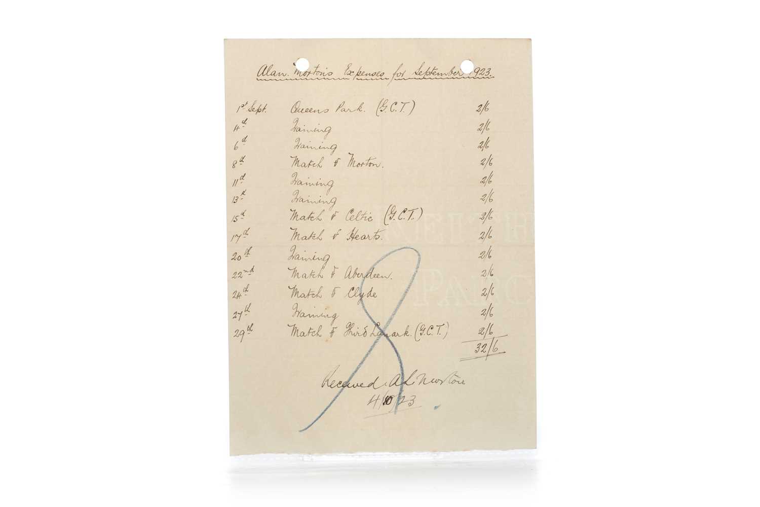 Lot 1798 - ALAN MORTON OF RANGERS F.C., EXPENSES CLAIM,