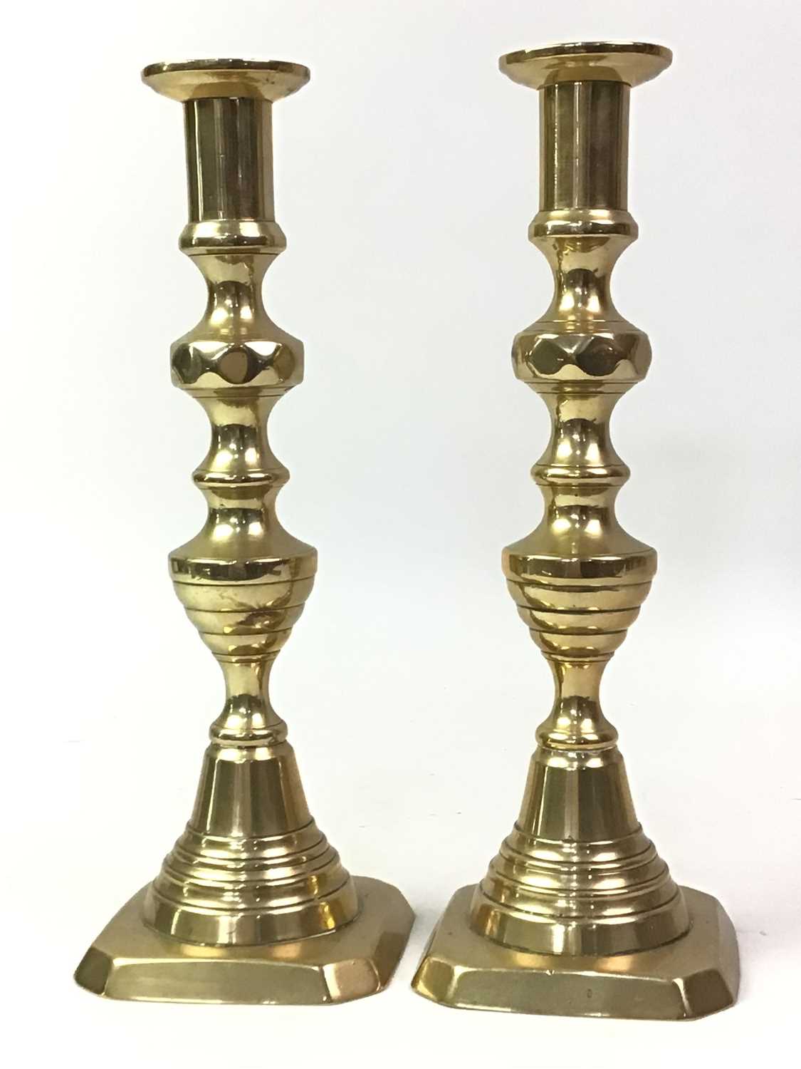 Lot 149 - PAIR OF BRASS TABLE CANDLESTICKS,