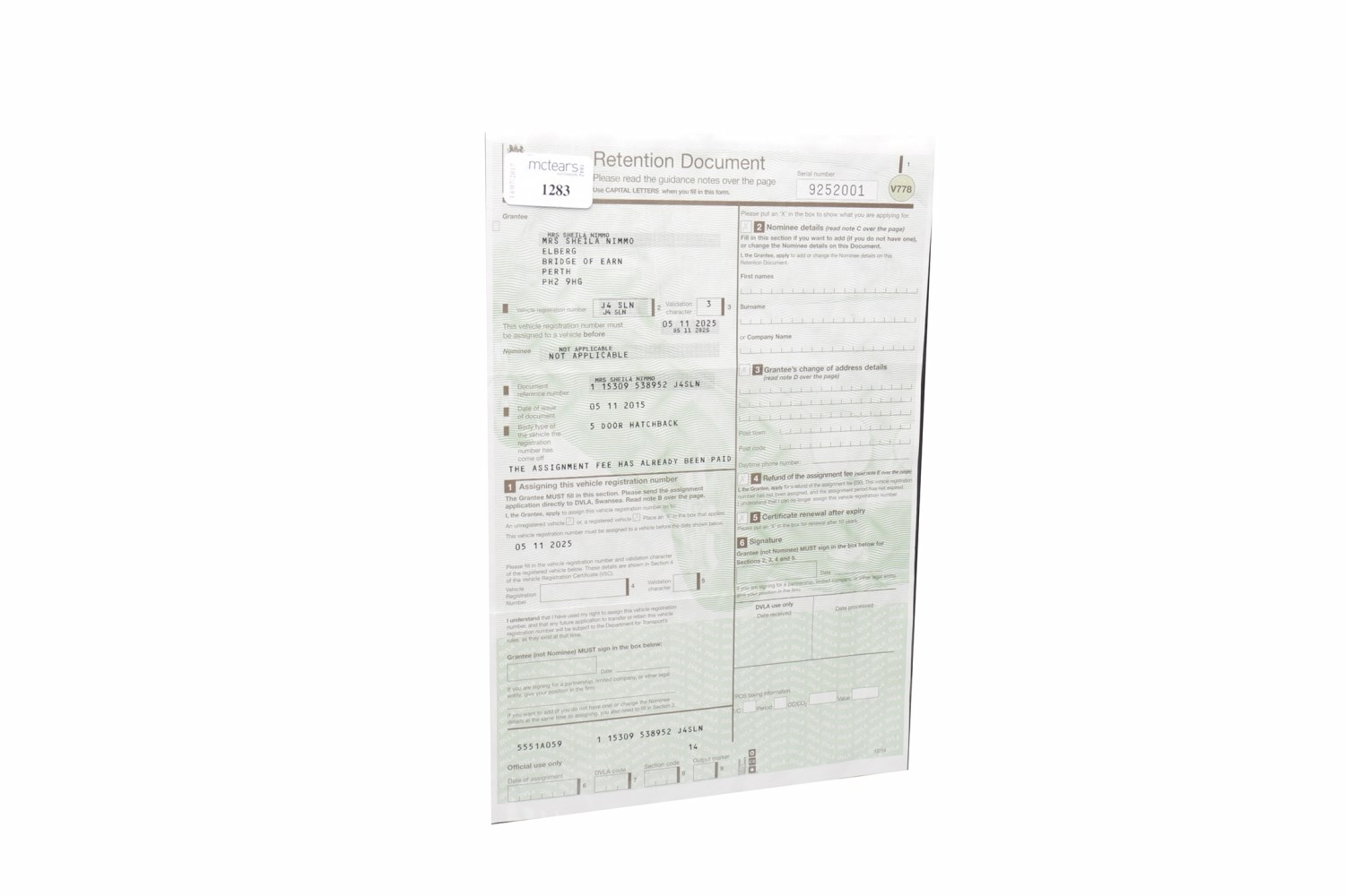 Lot 1283 - DVLA RETENTION DOCUMENT FOR THE CAR