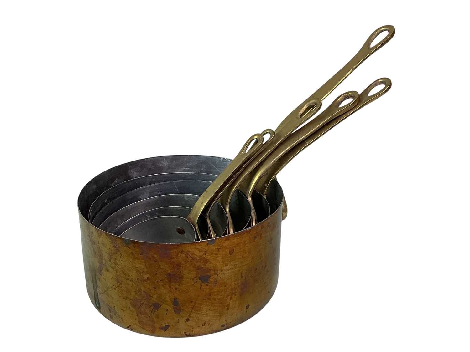 Lot 20 - GRADUATED SET OF BRASS PANS,
