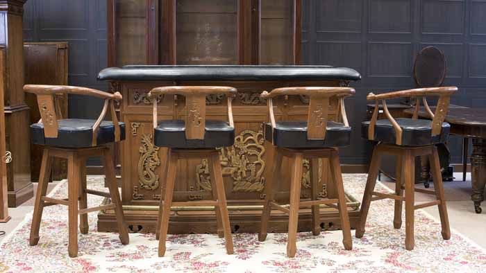 Lot 261 - CHINESE CARVED WOOD BAR AND FOUR STOOLS the