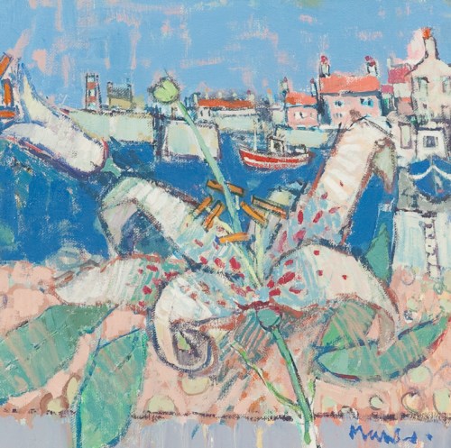 Lot 2068 - DONALD MANSON, LILY BY THE HARBOUR oil on